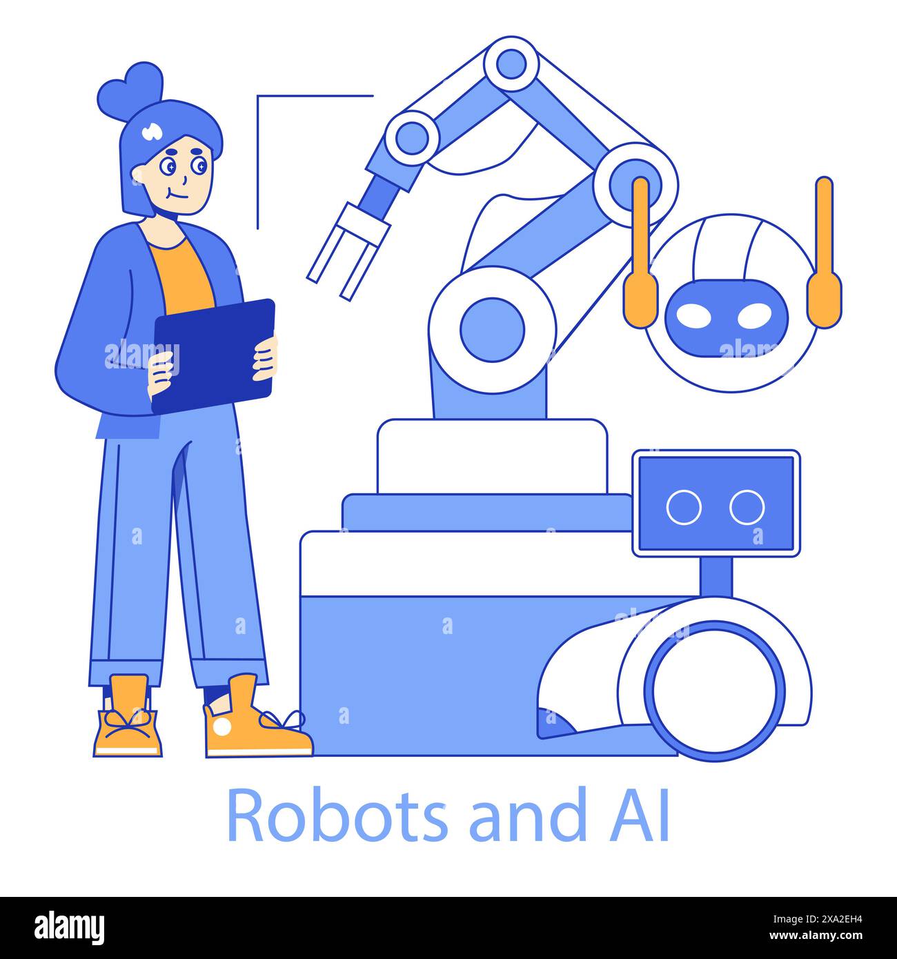 Robotics and AI concept. A woman interacts with advanced robotics ...