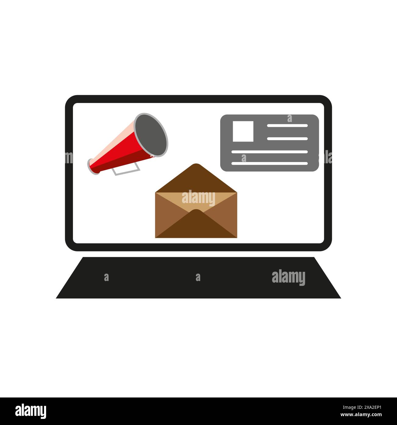 Digital communication icons. Laptop screen elements. Email marketing ...