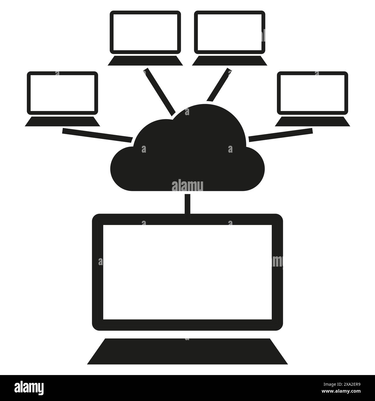 Cloud computing network. Connected laptop icons. Data storage symbol ...