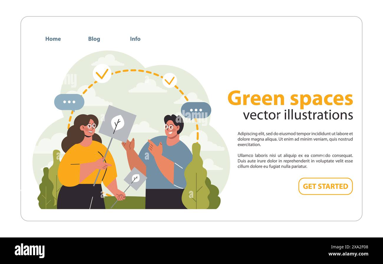 Green spaces concept. Enthusiastic couple promoting eco initiatives, holding signs with plant ...