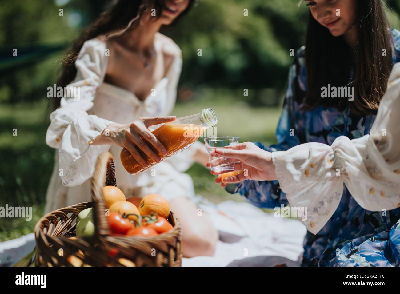 Two women enjoy a sunny picnic in the park, pouring juice and sharing ...
