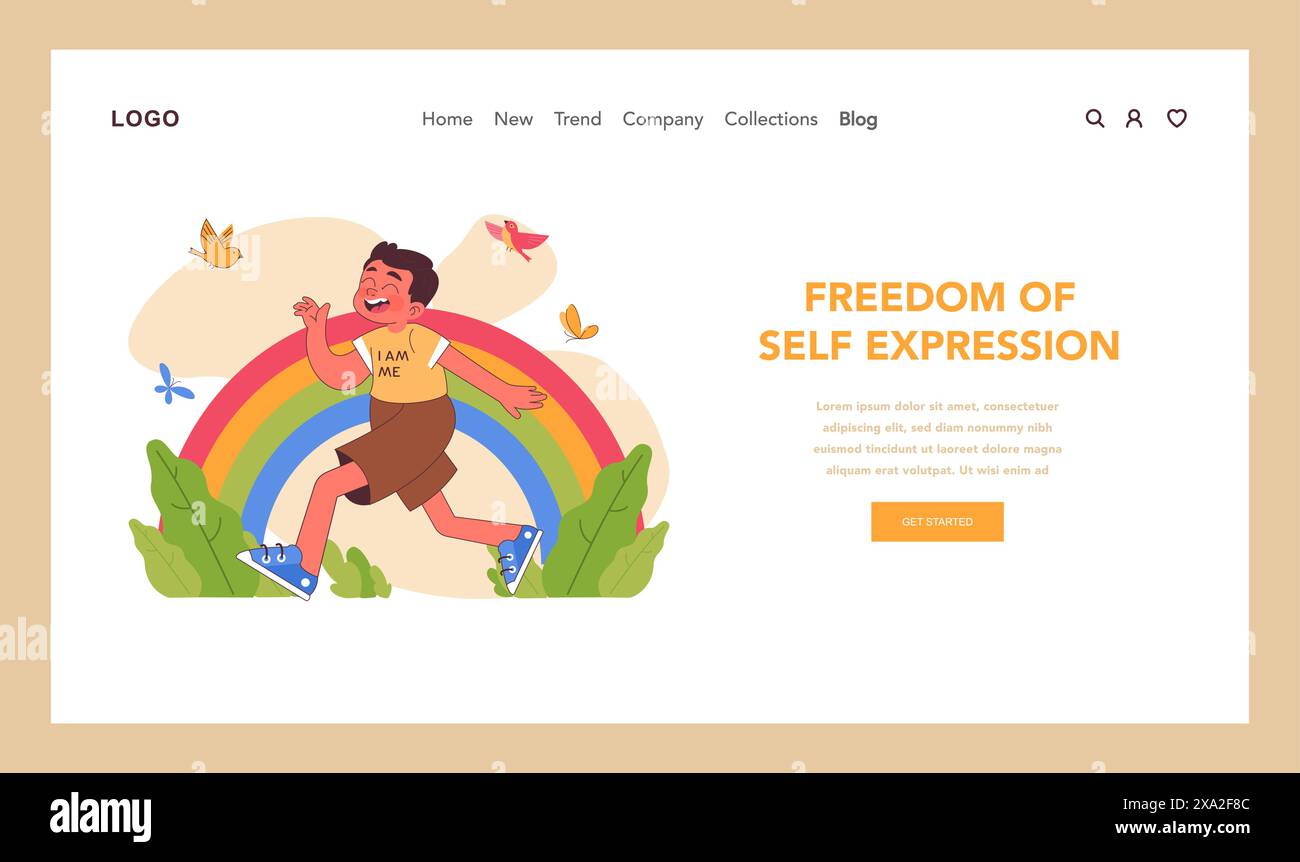 Freedom of self expression web or landing. Joyful child with rainbow ...