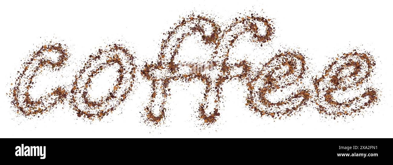 The word coffee is written with scattered powder. Text made from coffee ...