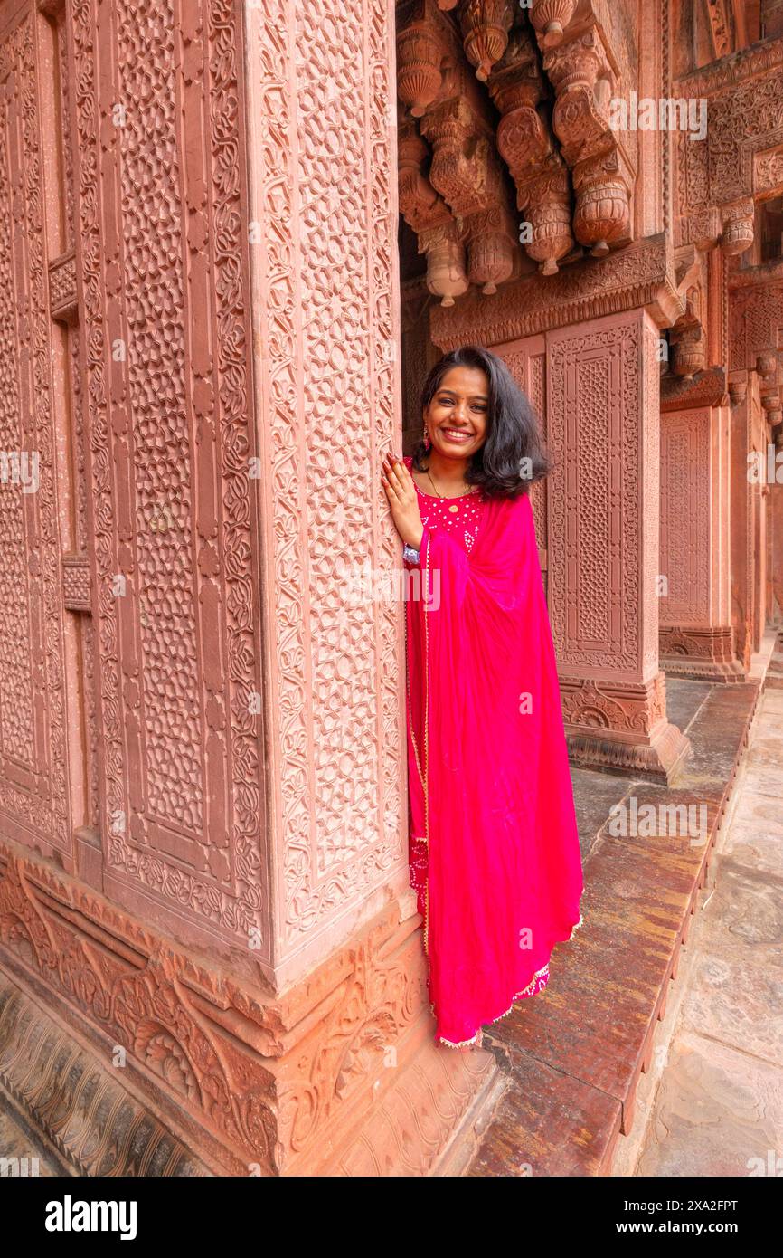 Lady in Red Dress at Agra Fort, Agra, Uttar Pradesh, India, South Asia ...