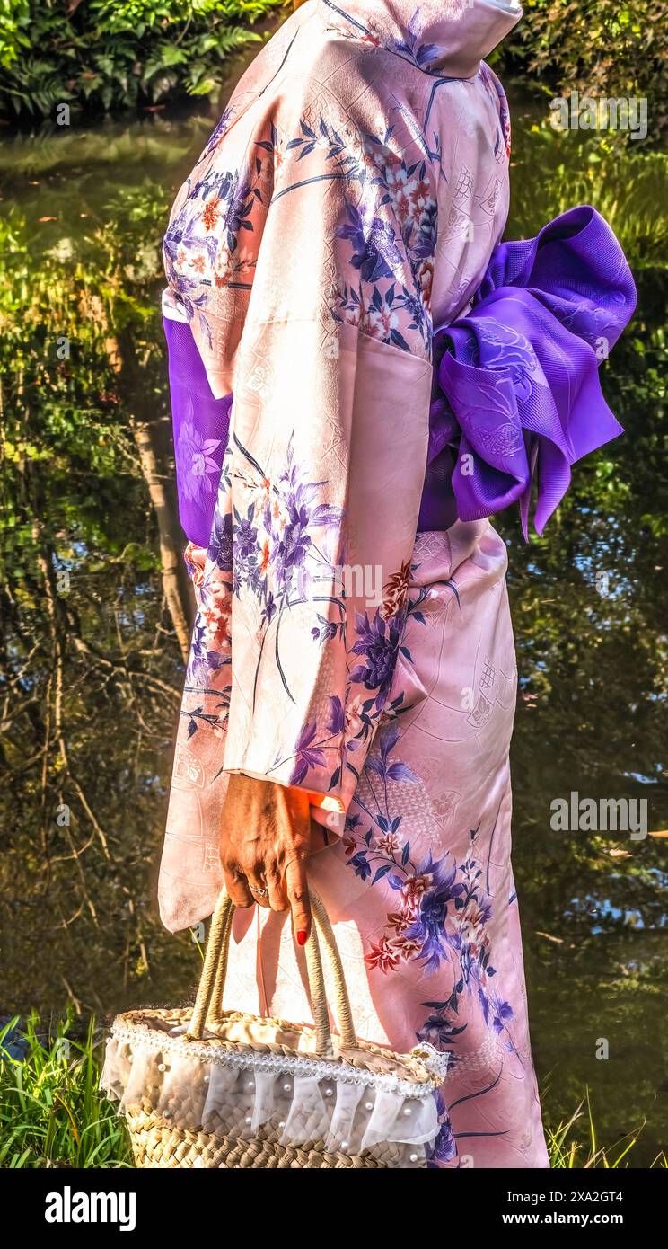 Colorful Pink Traditional Japanese Kimono Purple Obi Kiyomizu Buddhist ...