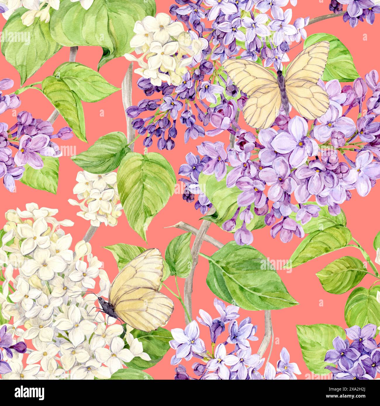 Watercolor background with lilacs and butterflies. Seamless background ...
