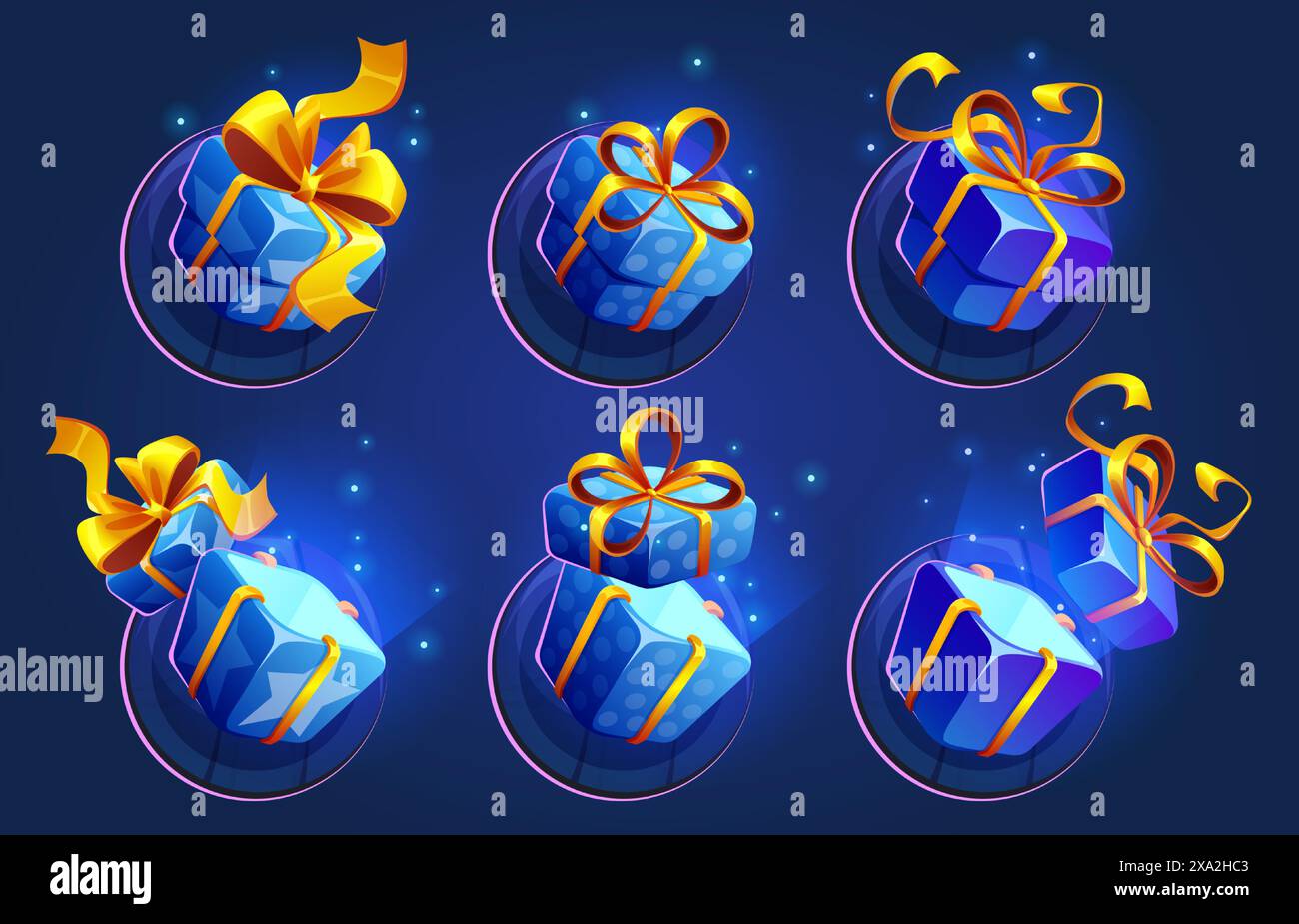 Closed and open blue gift boxes with yellow ribbon and bow for game ui ...