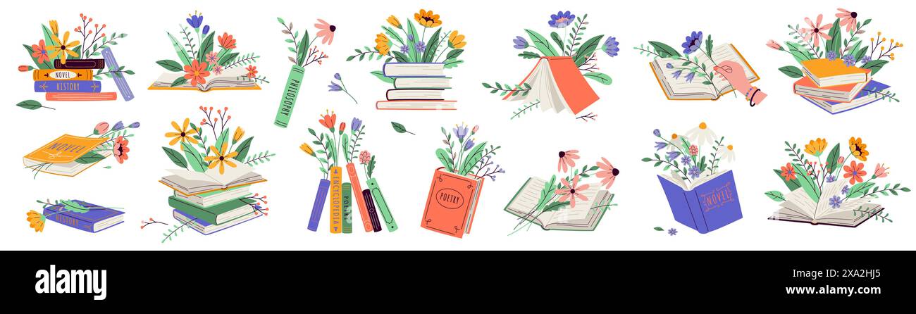 Books with spring and summer flowers 2D cartoon objects set. Literature ...