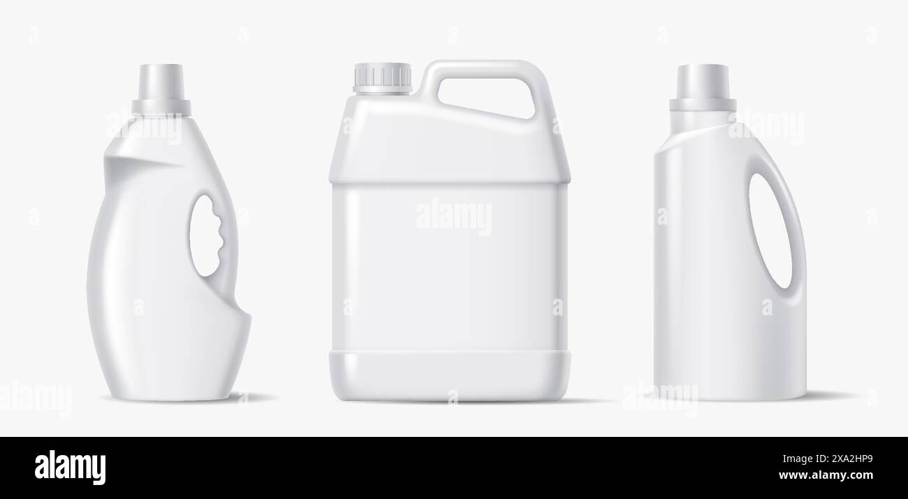 Liquid detergents bottles with design mockup and handles realistic ...