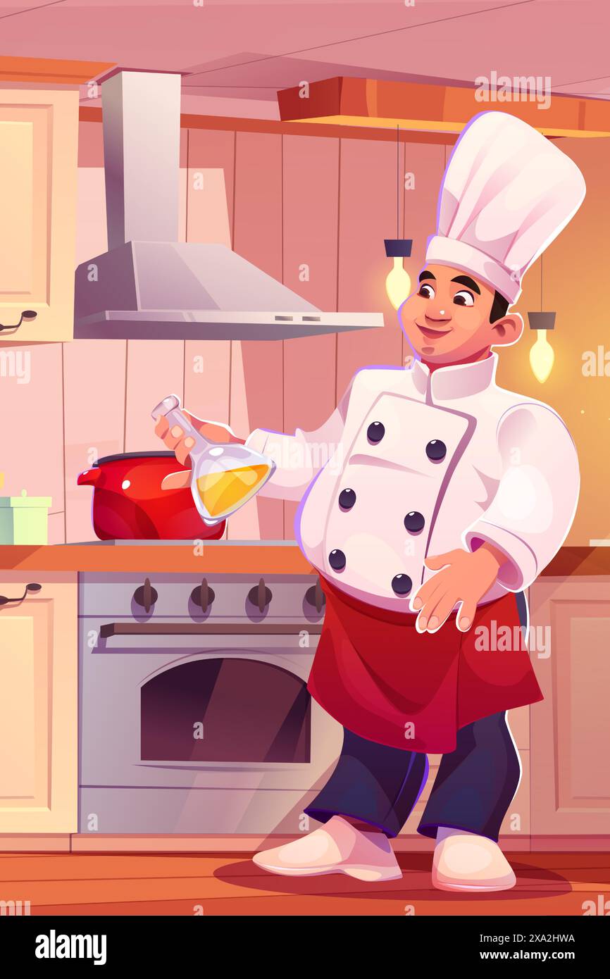 Male chef cooking in home kitchen. Vector cartoon illustration of young ...