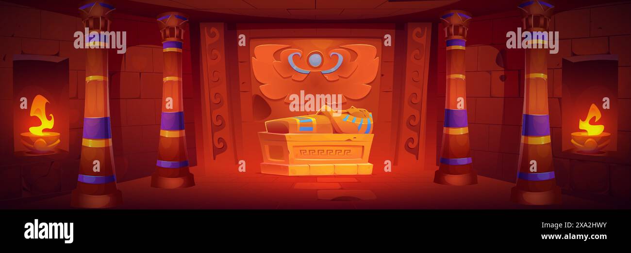 Egyptian temple room interior with pharaoh sarcophagus and columns ...