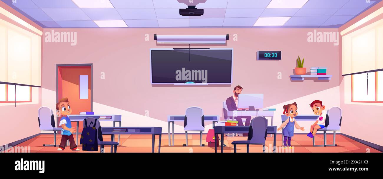 Children and male teacher in classroom interior during break. Kid girl ...