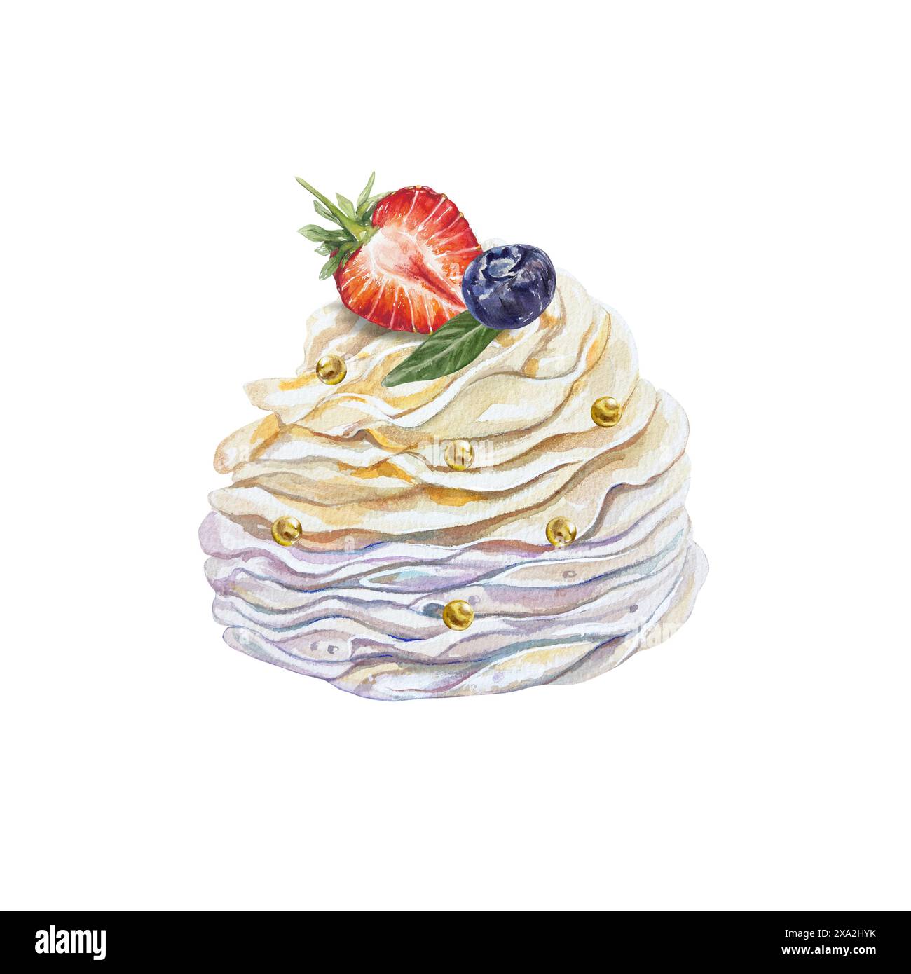 Meringue cake with cream, strawberries, blueberries. Hand drawn ...