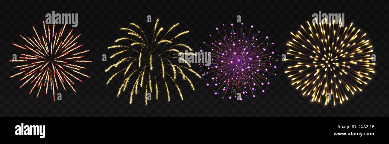 Festive fireworks in night sky realistic vector illustration set. Awe ...