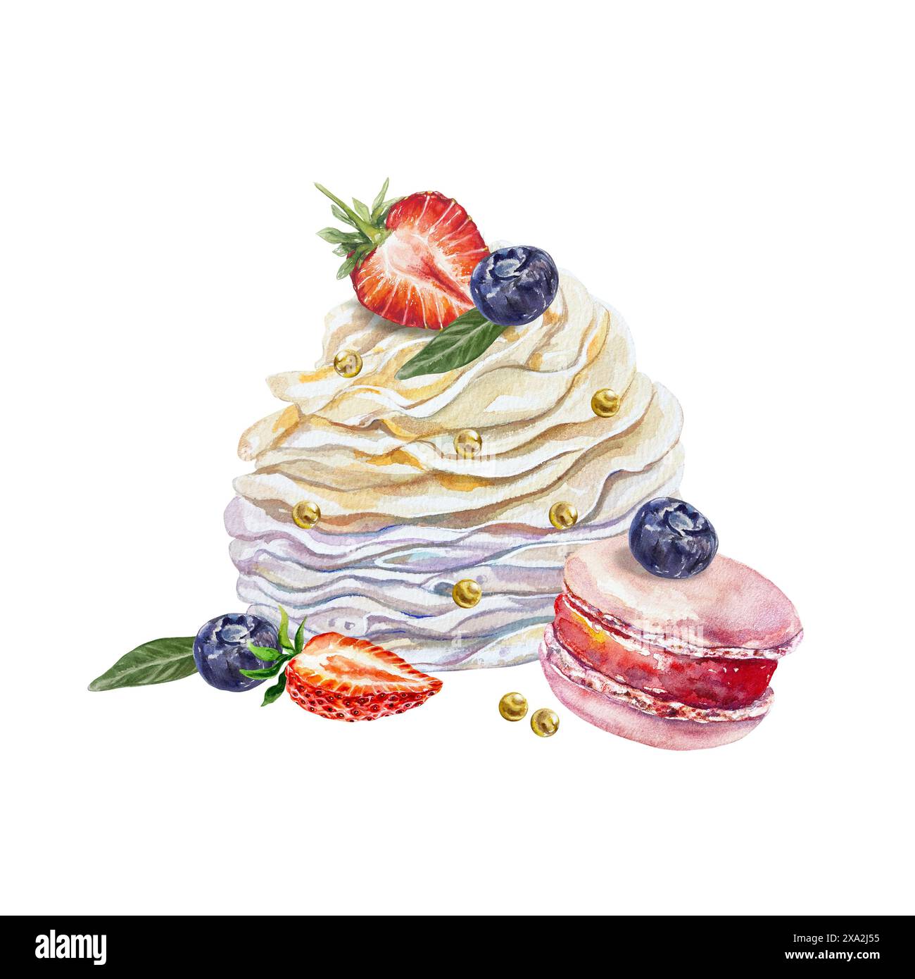 Meringue cake with cream, strawberries and blueberries, macaron. Hand ...