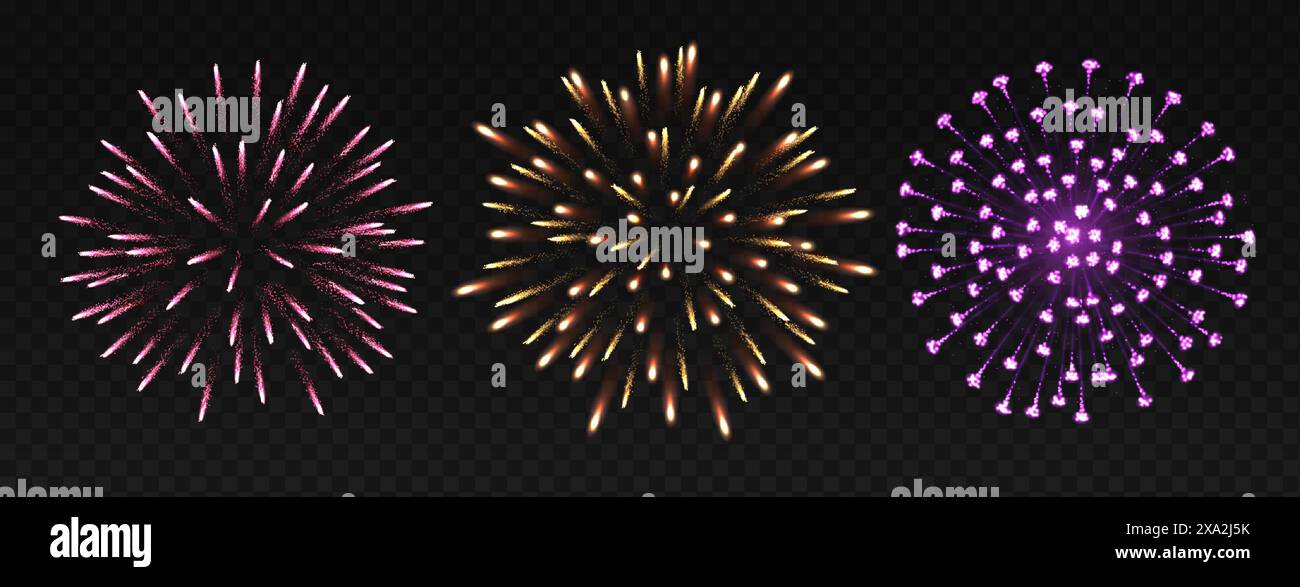 Festive fireworks in night sky realistic vector illustration set. Awe ...