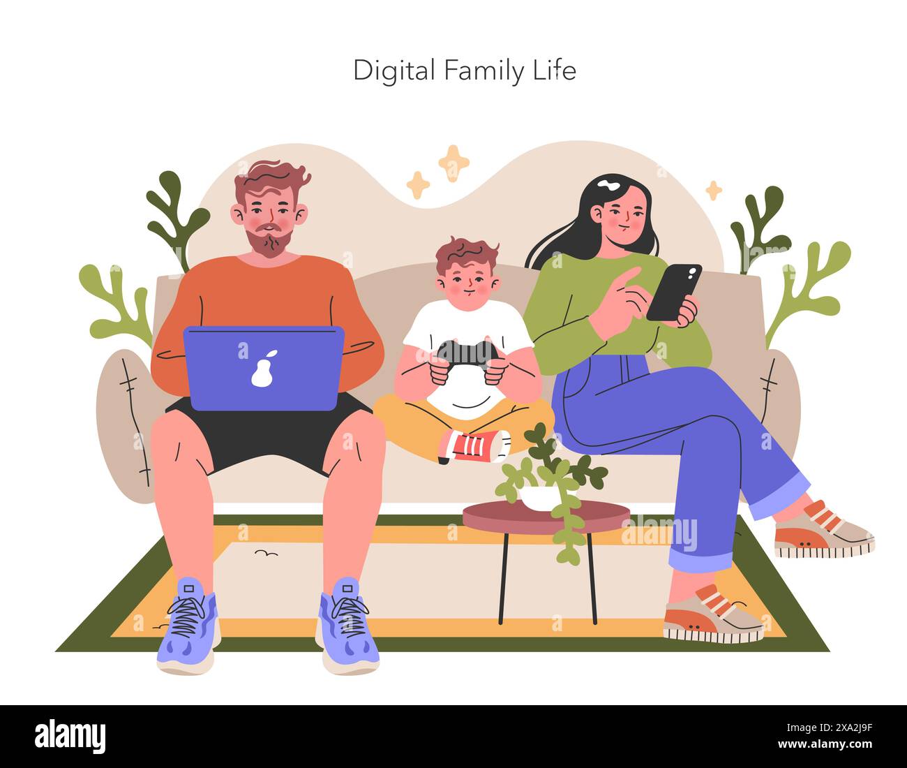Digital Family Life illustration. Showcases millennial parents and child immersed in technology ...