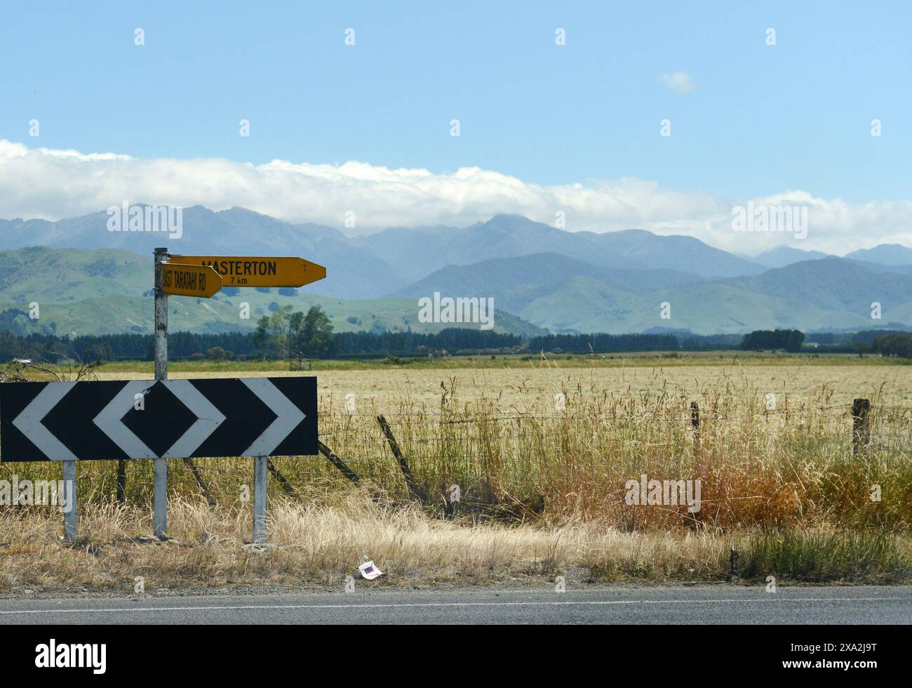 A road sign to Masterton and on East Taratahi Rd in the North Island in ...