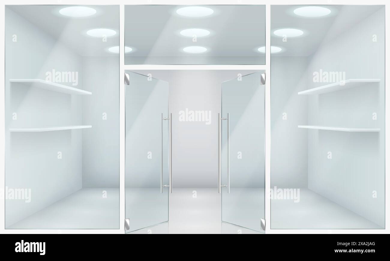 Glass facade of empty store realistic 3d illustration. Commercial show room view. Shop enclosure ...