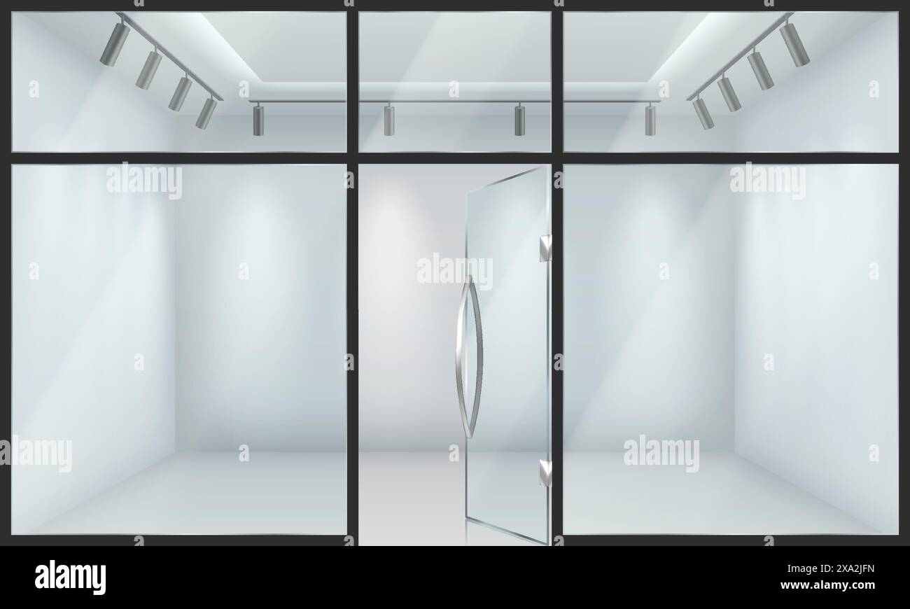 Glass facade of empty store realistic 3d illustration. Commercial show room view. Shop enclosure ...
