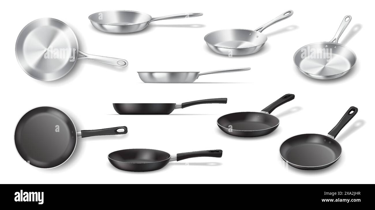 Non stick and stainless frying pans realistic vector illustration set ...