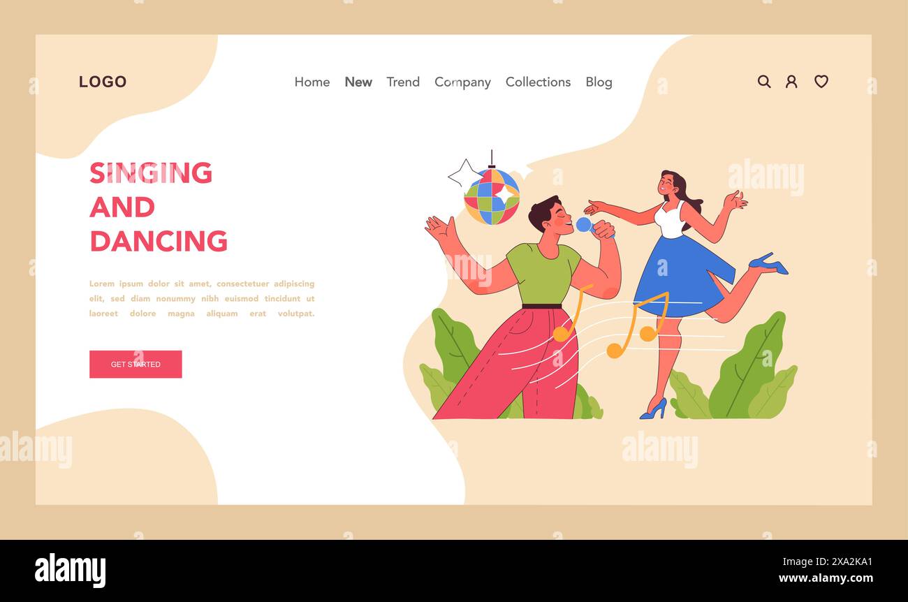 Singing and dancing web or landing. Vibrant duo expresses joy through ...