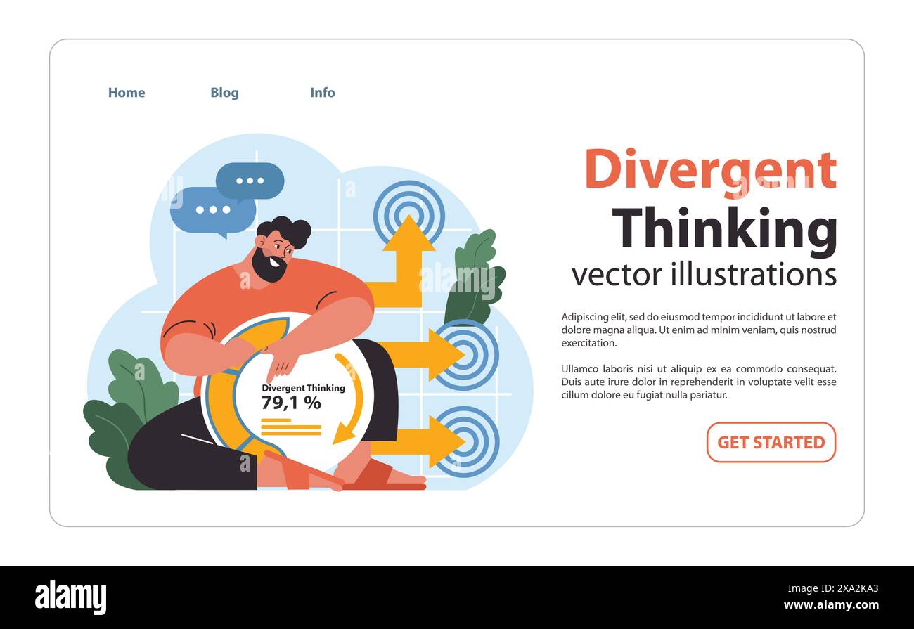 Navigating through ideas. Man steers divergent thinking wheel, with ...