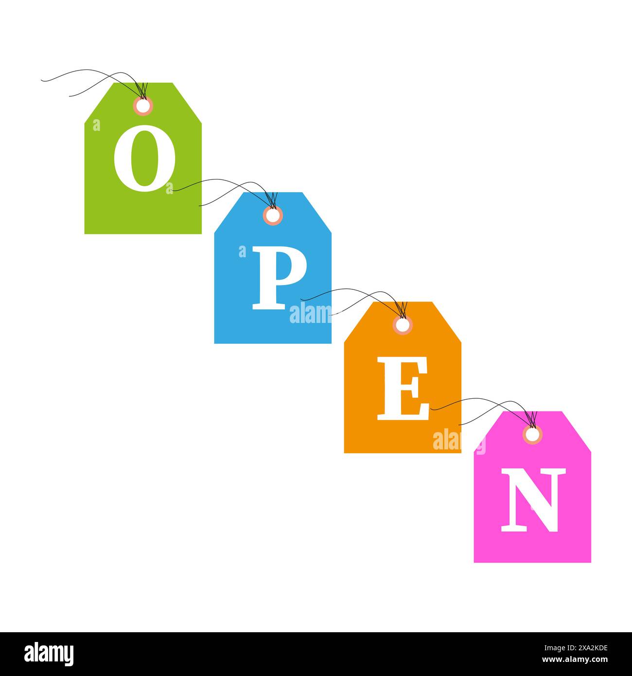 Open tag letters. Colorful hanging signs. Bright label design. Modern ...