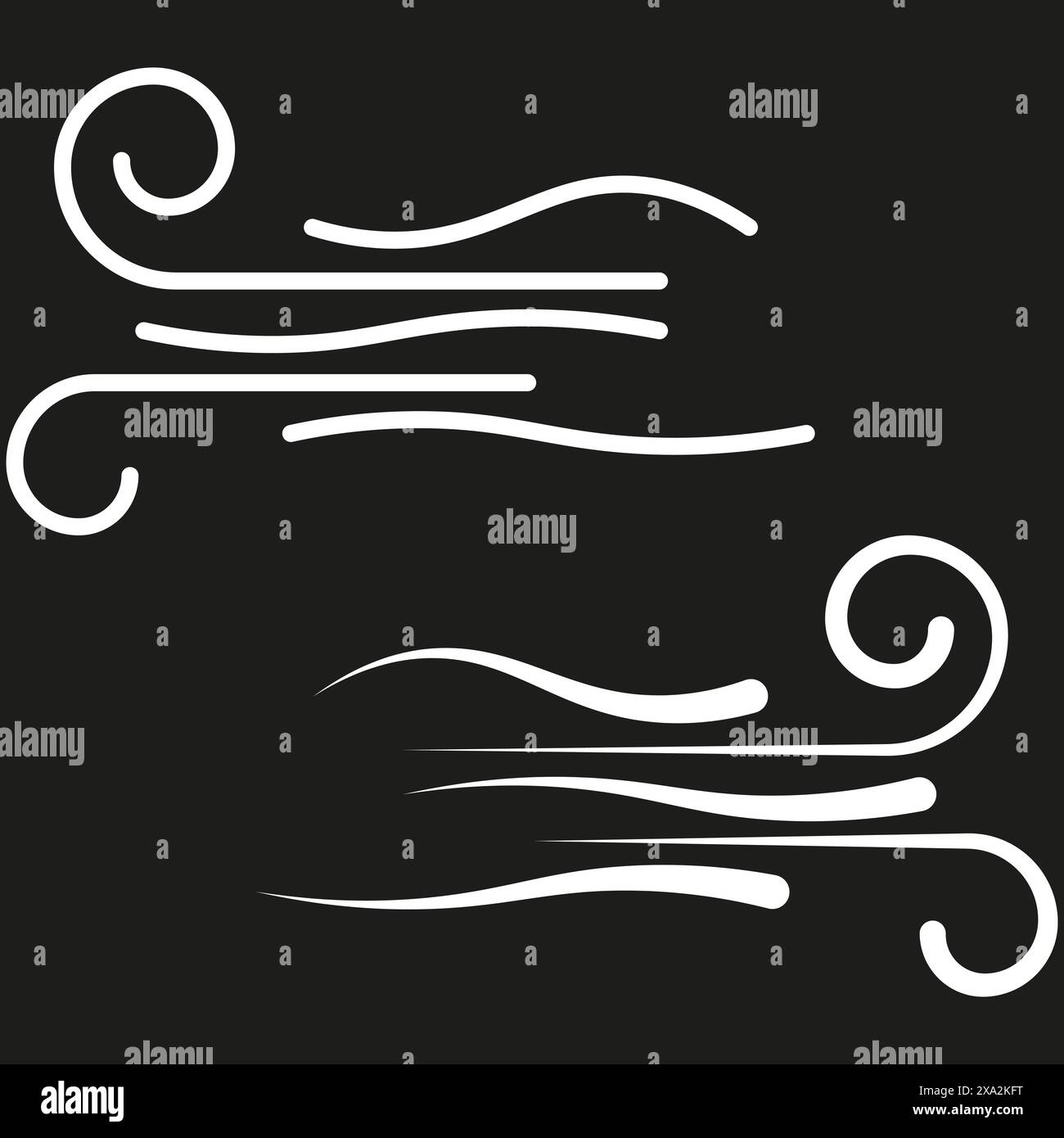 Wind swirls design on black background. Curly lines representing breeze ...