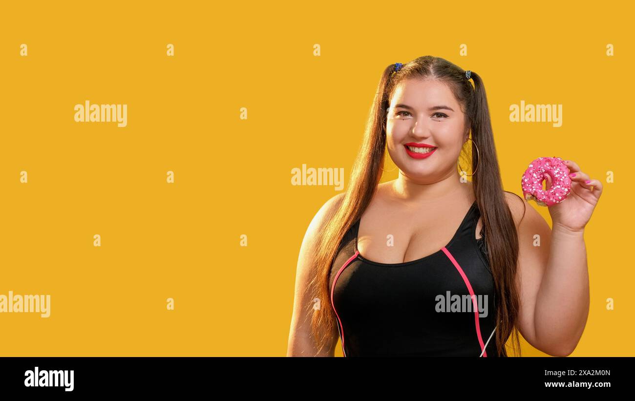 Tasty dessert. Happy overweight woman. Junk food. Smiling cheerful ...