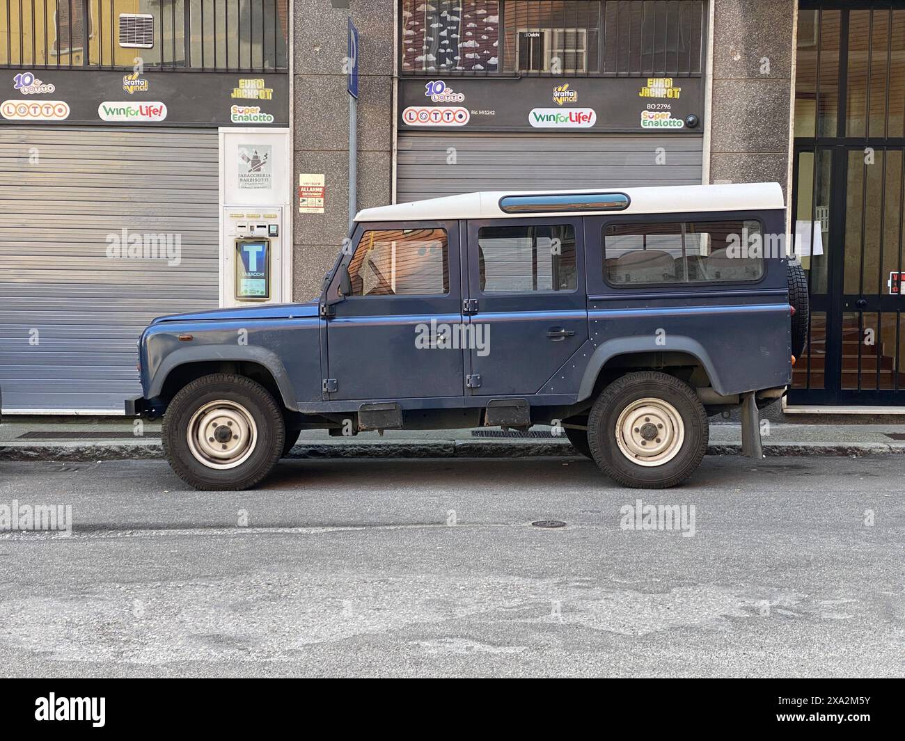 Cremona, Italy - May 2nd 2024 Older, blue, four wheel Land Rover ...