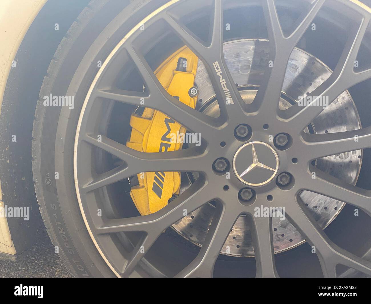 Cremona, Italy - May 2nd 2024 AMG 63 Mercedes Benz Close up of a ...