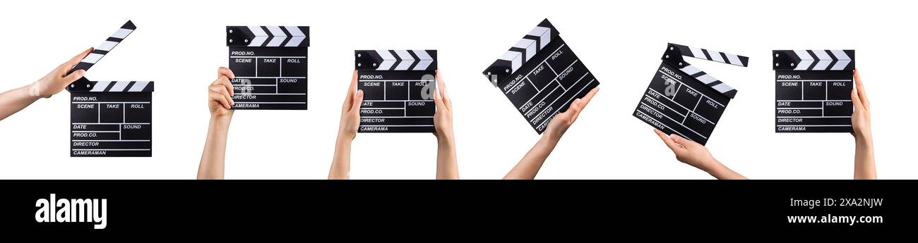 Human hand holding film clapper board isolated on white background with ...