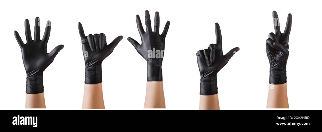 Hands in black gloves showing different gestures, pointing and showing ...