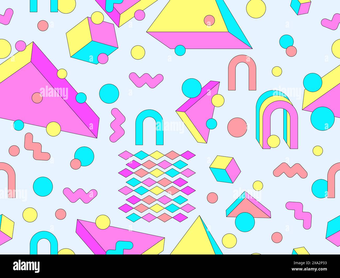 Memphis geometric seamless pattern with 3D shapes in 80s and 90s style. Isometric geometric 3D ...