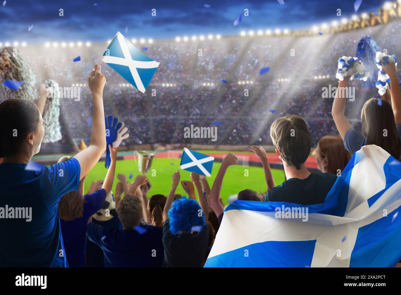 Scotland football supporter on stadium. Scottish fans on soccer pitch ...