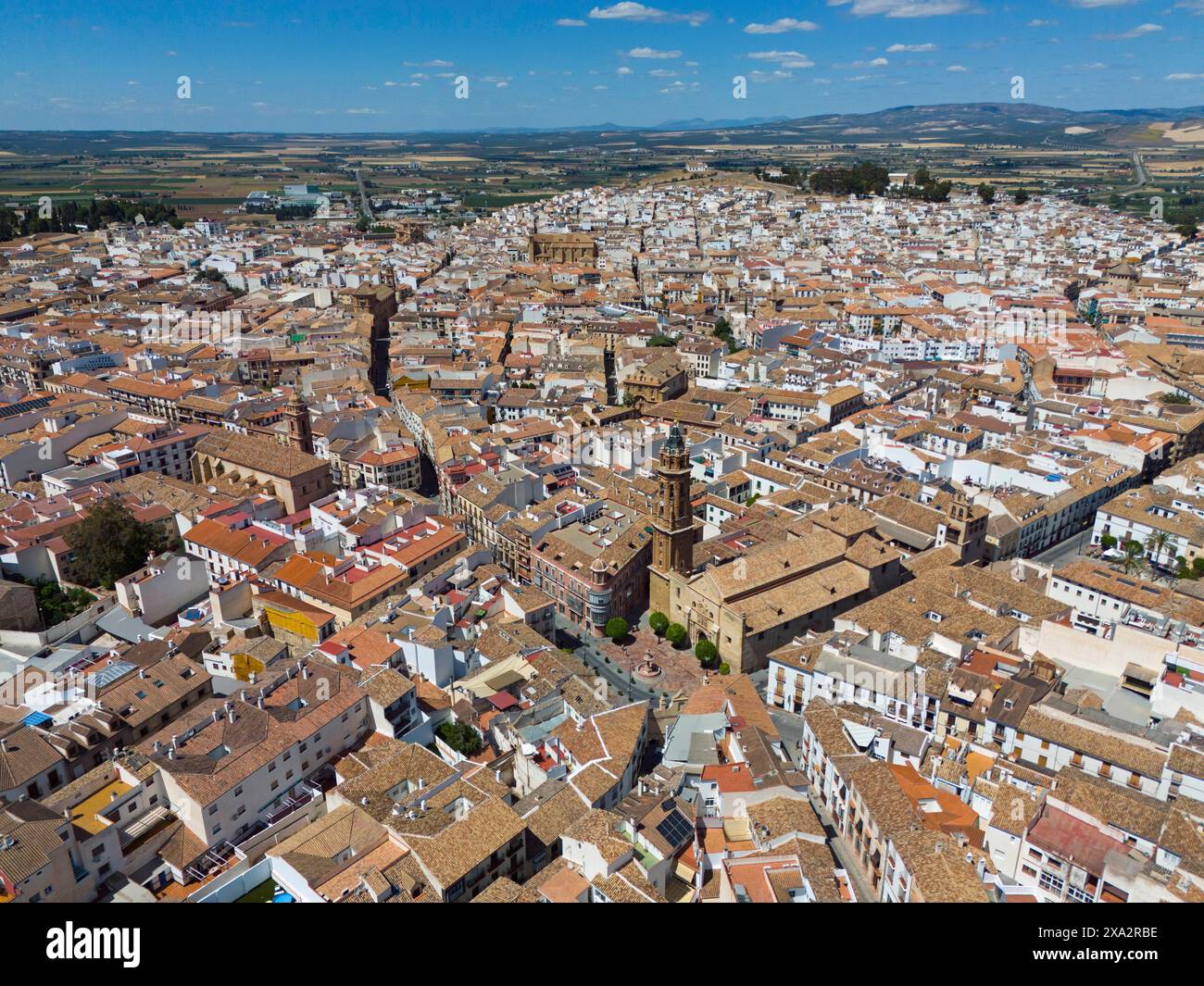 Aerial view of a Spanish old town with many buildings and terracotta ...