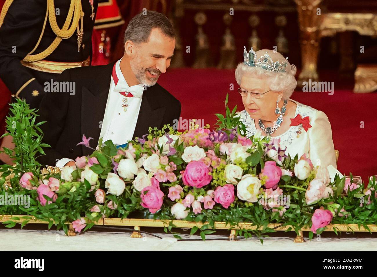 File photo dated 12/07/17 of Queen Elizabeth II and King Felipe VI of Spain during the State ...