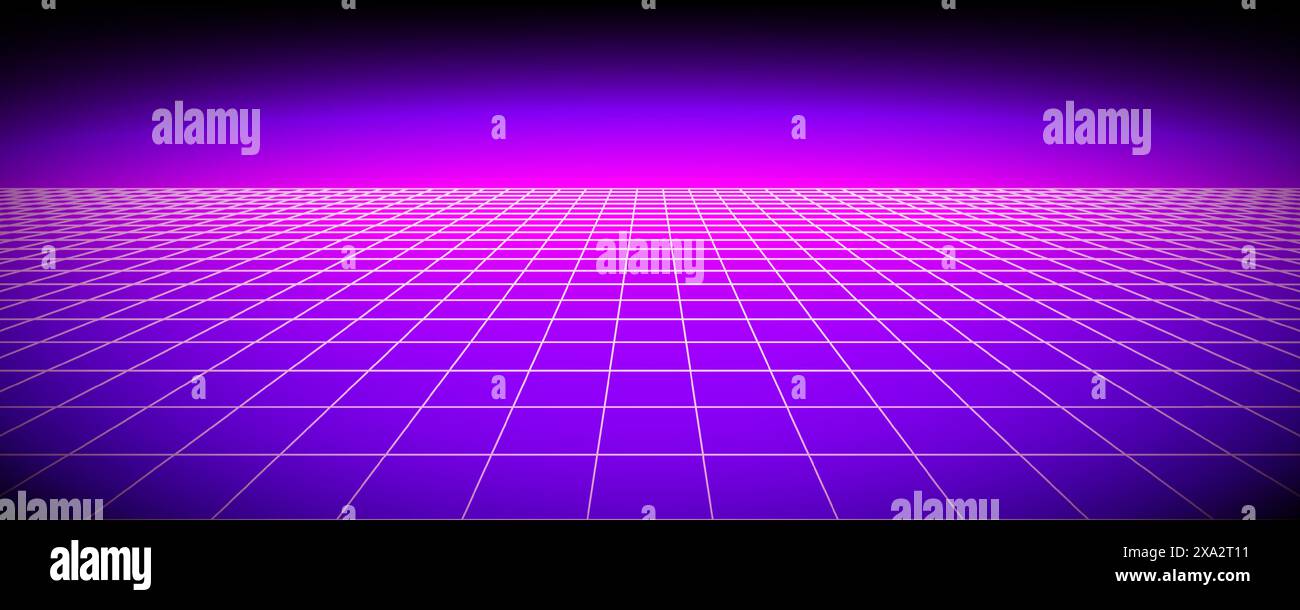 Glowing neon wireframe background. Purple shining checkered grid planes ...