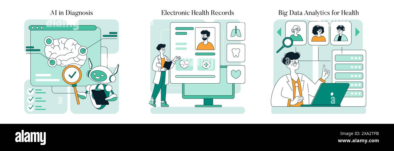 Healthcare innovation set. AI diagnosis, electronic health records and ...
