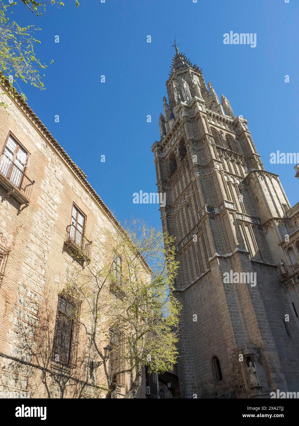 Historic building with gothic cathedral and blue sky in the background ...