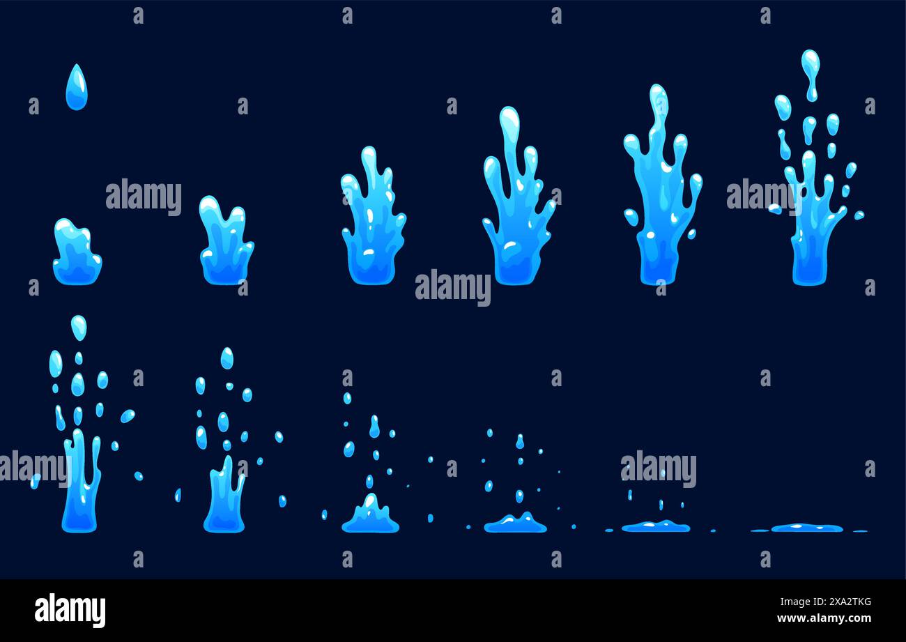 Water splash sprite sheet animation for FX effect of fountain splashing drops, cartoon vector ...