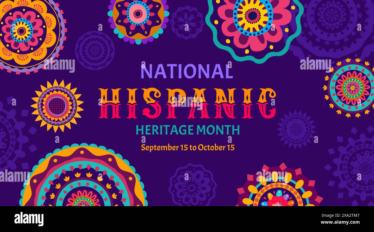 National hispanic heritage month banner with ethnic patterns and circle ...
