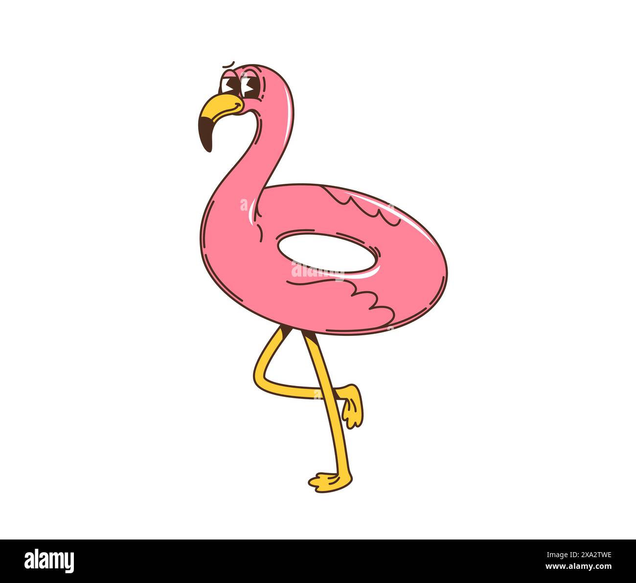 Retro cartoon groovy flamingo float ring character stands on one leg ...