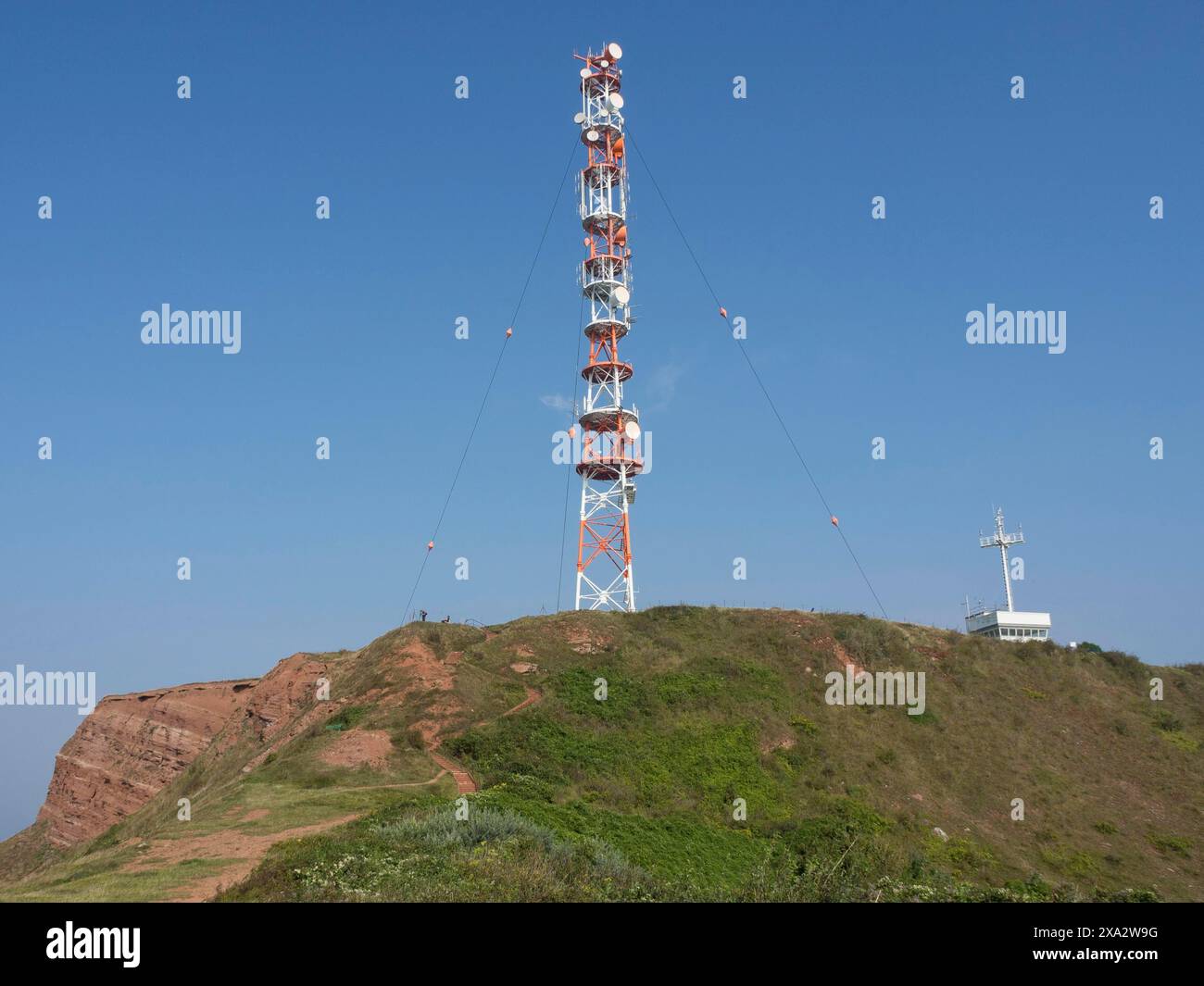 A large transmission mast stands on an overgrown hill under a clear sky ...