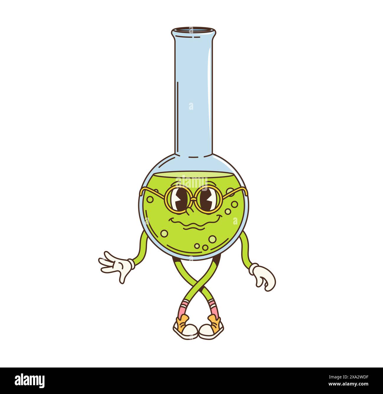 Retro groovy chemical flask character, fun science glassware . Isolated ...