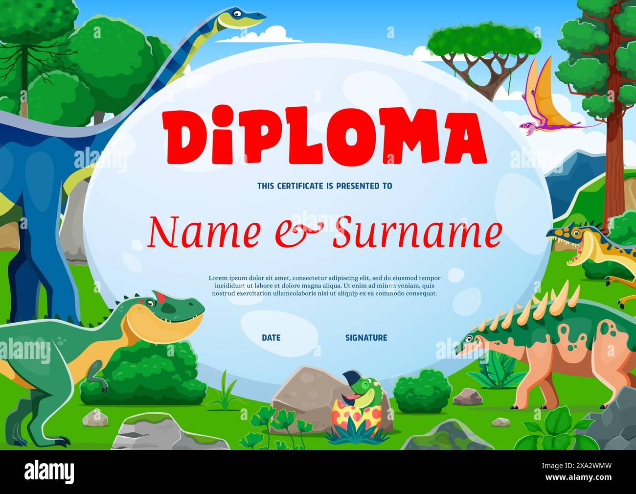 Kids diploma, funny dinosaurs with big dino egg. Vector award ...