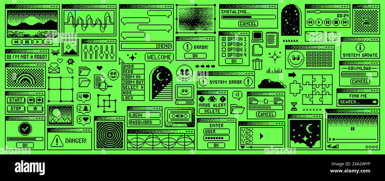 Rave y2k window page, computer interface menu. Vector pc desktop with folders, loading bar ...