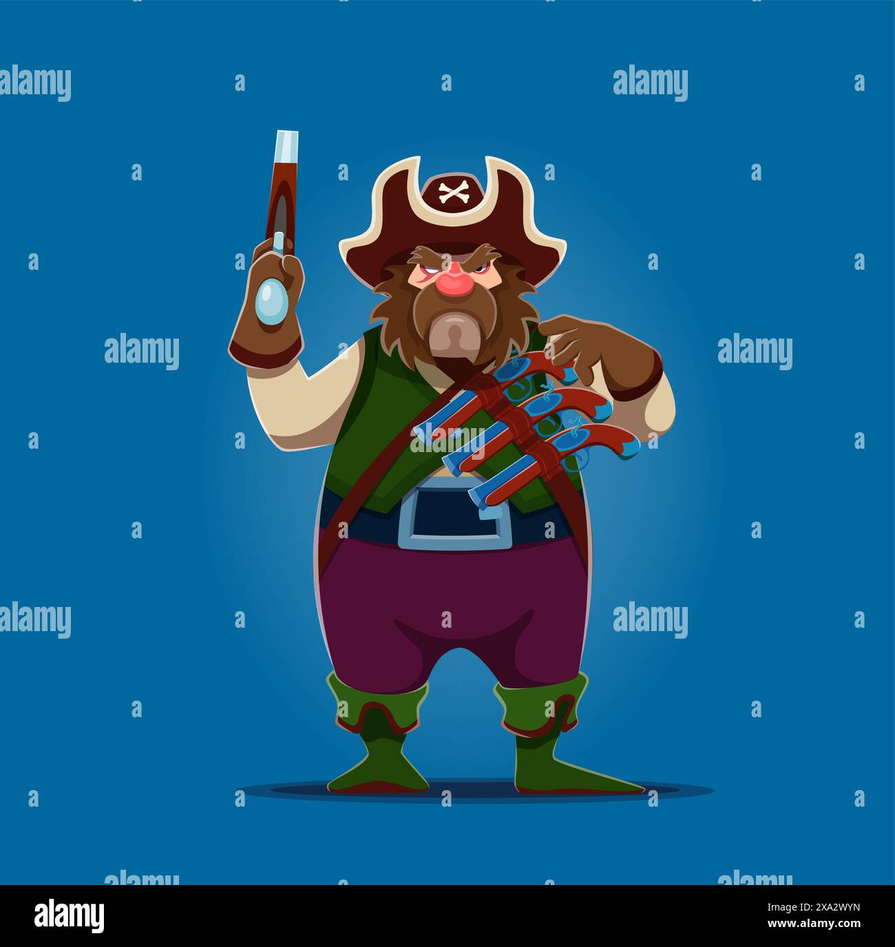 Cartoon pirate or corsair boatswain character. Vector robust, bearded buccaneer personage in ...