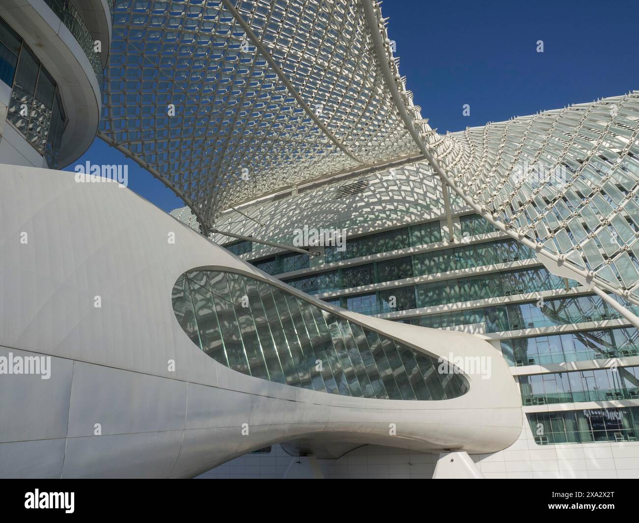Close-up of a modern building with a striking grid structure and many ...